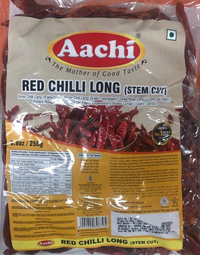 Red chilli long (stem cut) Aachi 250g